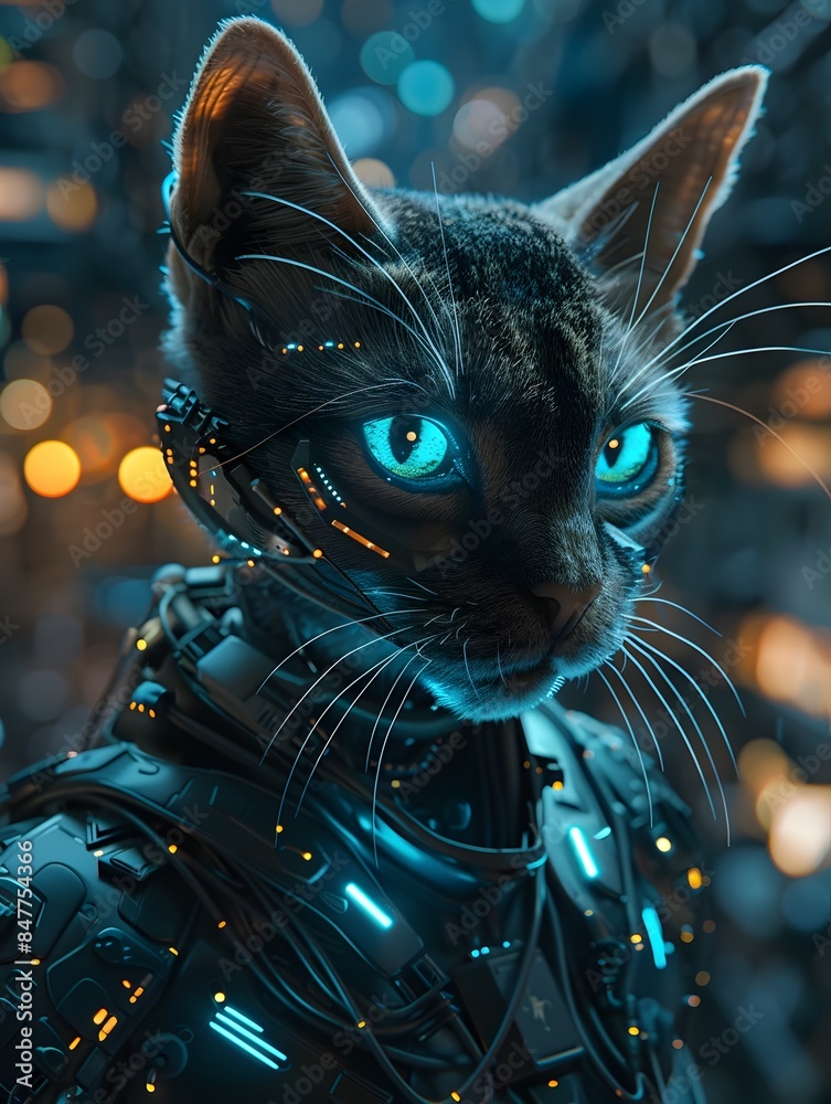 Elegant feline cyborg immersed in a striking digital matrix,its body ...