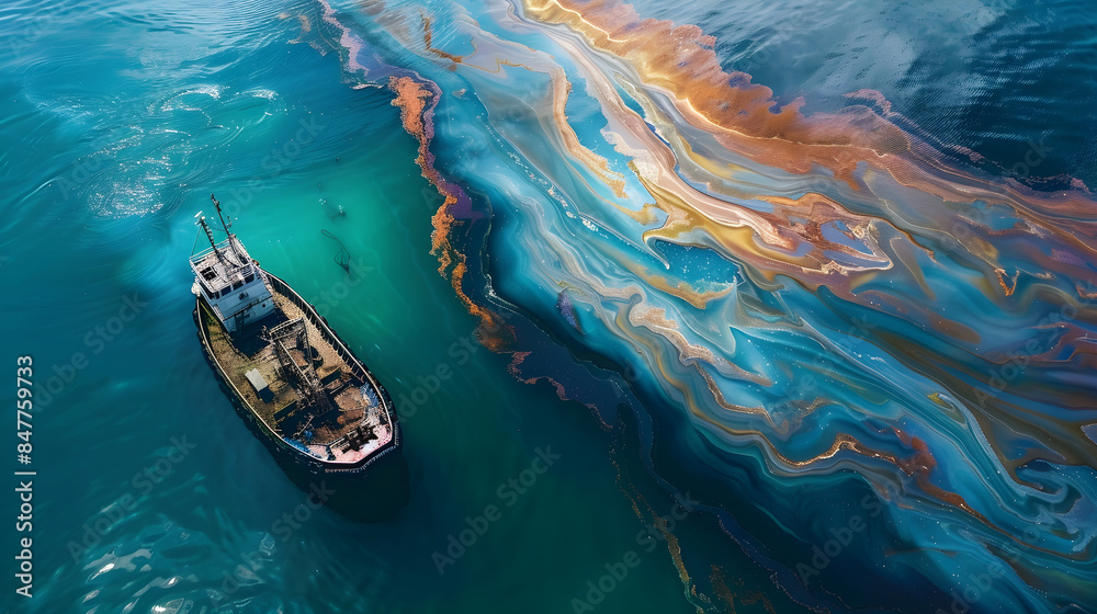 Oil petrol water pollution. Ecological disaster. Slick industry oil ...