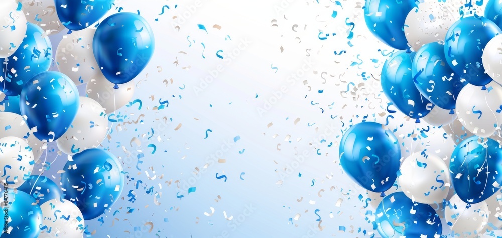 Blue and white balloon celebration background with confetti Stock Photo ...