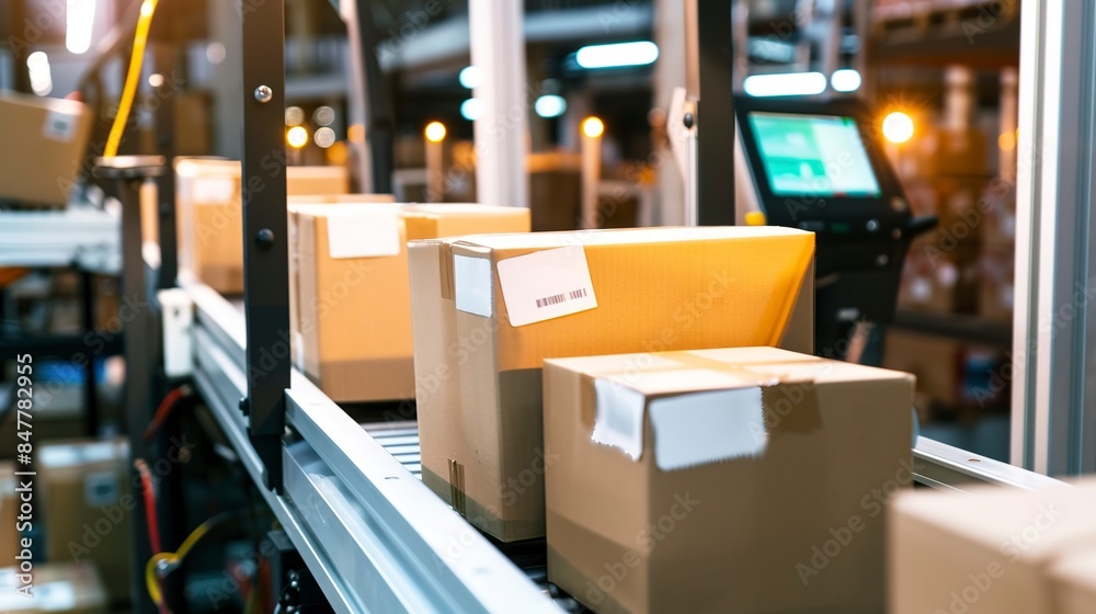 Automated sorting system for packages, barcode readers in use ...