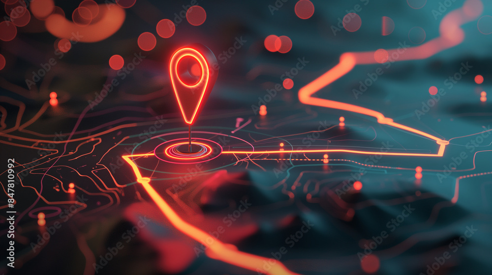 A digital map with a pulsating GPS pin and a highlighted route path ...