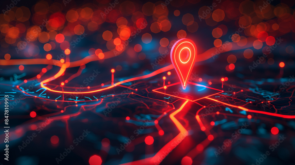 A digital map with a pulsating GPS pin and a highlighted route path ...