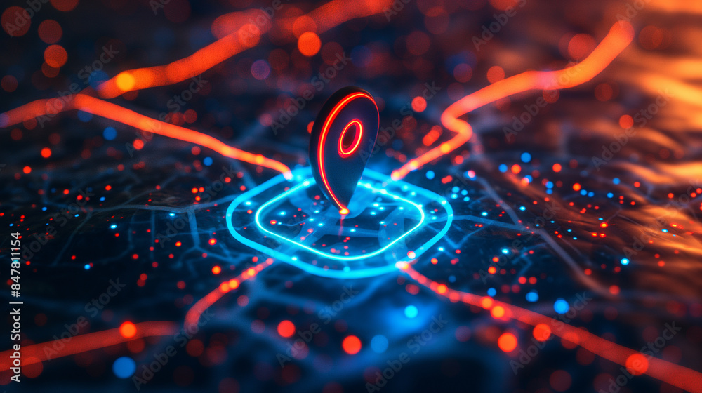 A digital map with a vibrant GPS pin and a highlighted route path ...