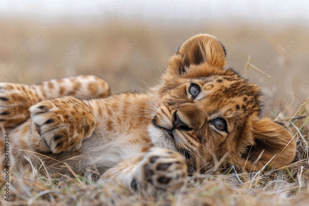 Baby Lion: A playful lion cub with big paws and a tufted tail, lying on ...