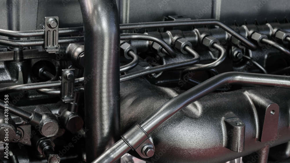 Black diesel engine. Fragment of a diesel motor close-up. Selective on ...
