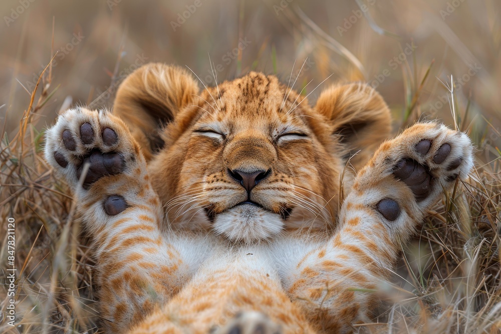 Baby Lion: A playful lion cub with big paws and a tufted tail, lying on ...