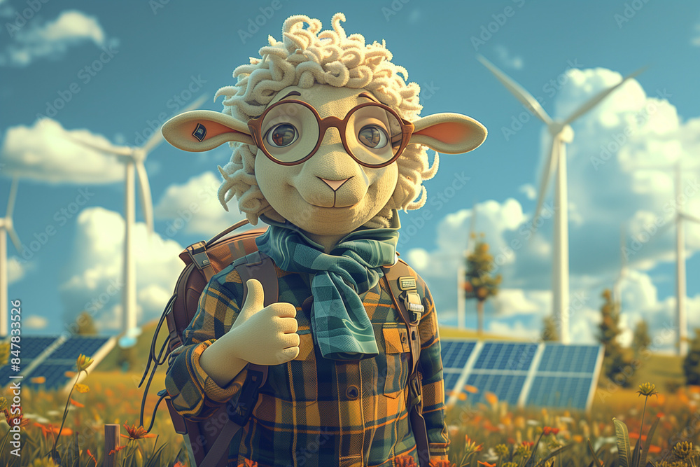 Anthropomorphic sheep character giving a thumbs-up, standing in front ...
