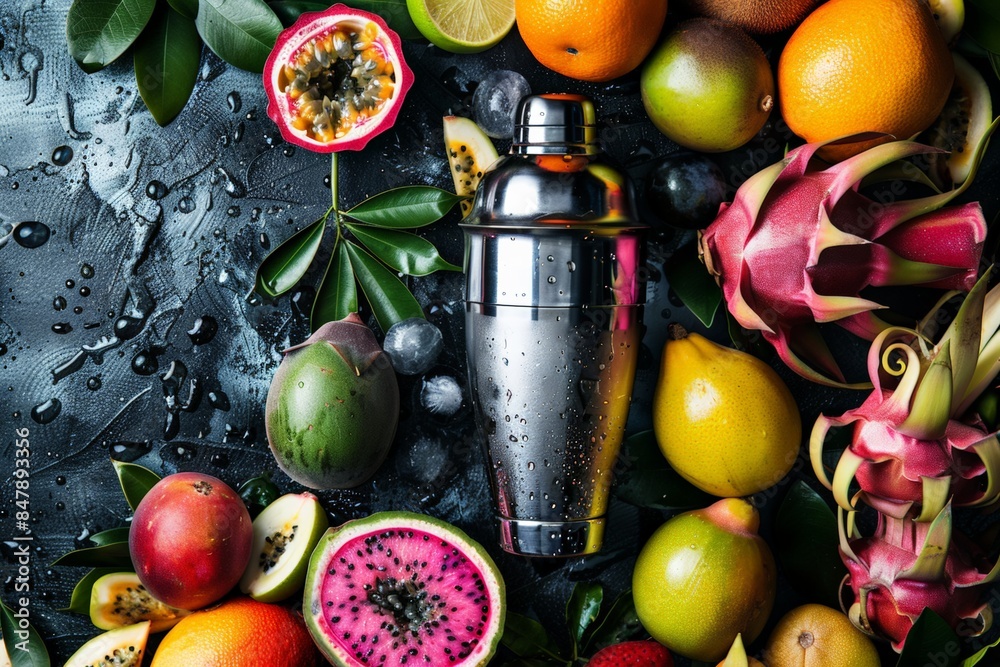Tropical fruits and a shiny cocktail shaker creating a vibrant and ...