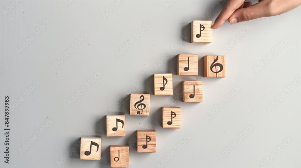 Musical notes drawn on ascending wooden blocks, with a hand placing a ...