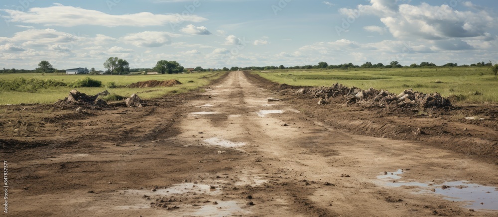 empty country gravel road with mud puddles and bumps dirty road surface with sand and small ...