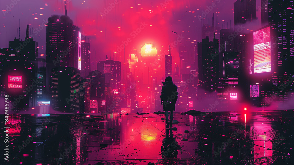 Nostalgic Cyberpunk City Poster in 80s Retro Style with Glitchy and ...