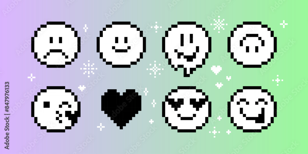Pixels Y2k funny playful emoticon stickers. Love, kiss, melting smile ...