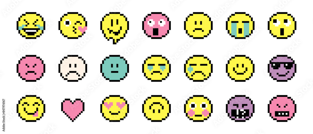 Smile icons collection. Set of emoticons pixel art. Emoji pixelated ...