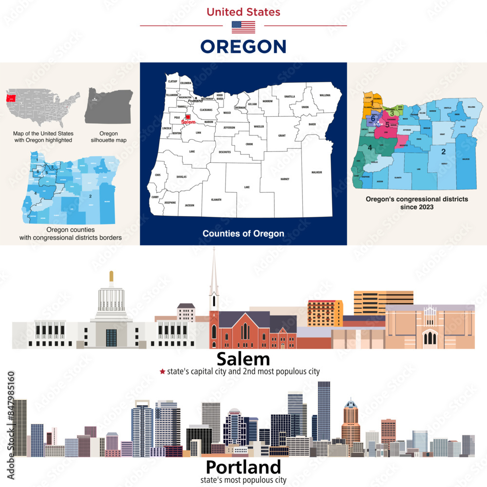 Oregon counties map and congressional districts since 2023 map. Salem ...