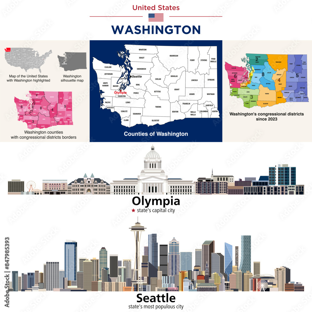 Vector de Stock Washington counties map and congressional districts ...
