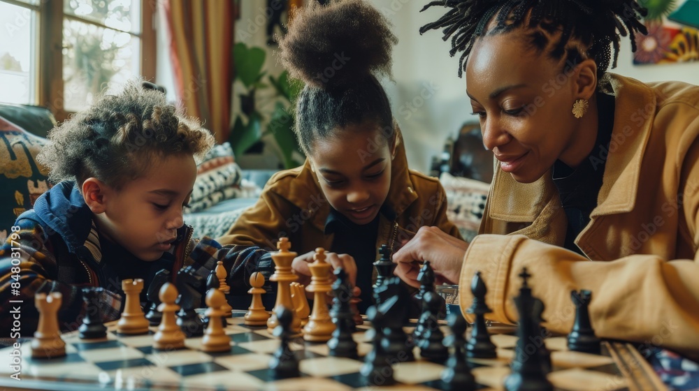 A mom and their children playing chess at home, showcasing strategic ...