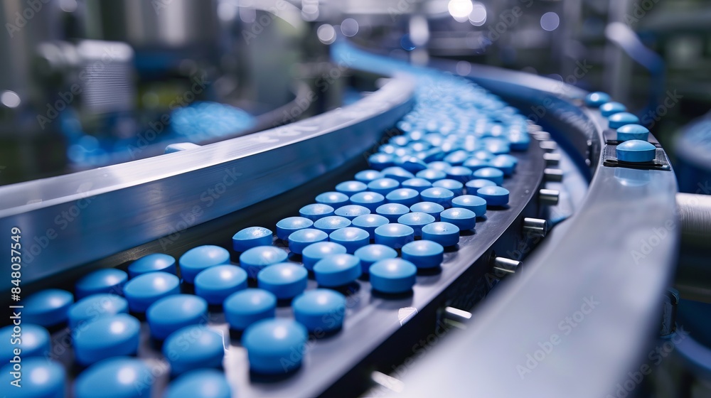 "Close-up shot of blue capsules moving on a conveyor belt at a modern ...