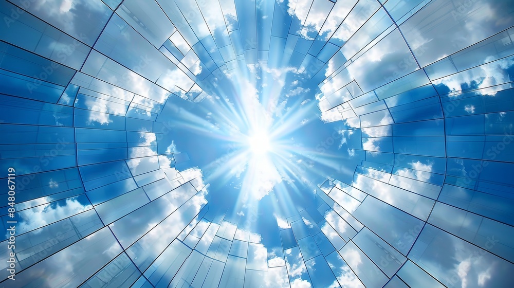 Vibrant sky with sun rays shining through clouds, viewed from inside a ...