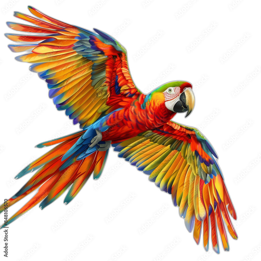 This PNG image shows a full body scarlet macaw with a red body on a ...
