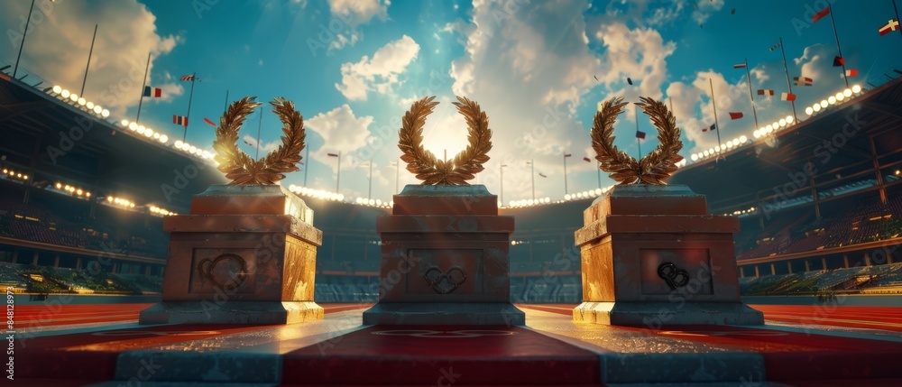 Three olympic coral podiums decorated with a gate medal of golden ...