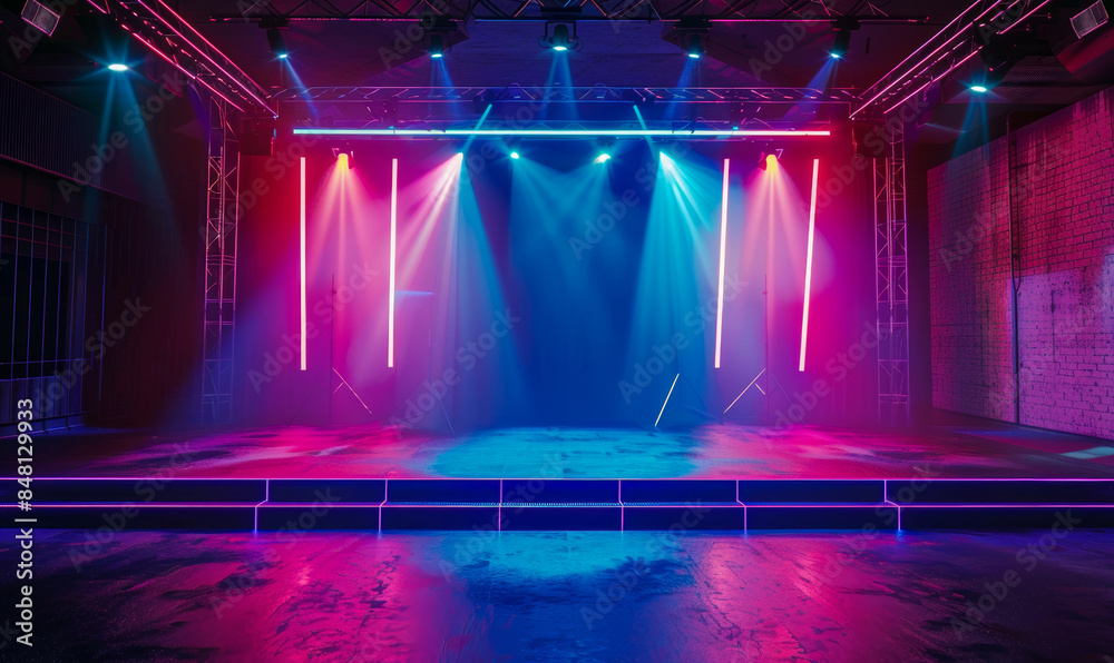 Empty stage show scene, neon glowing spotlights, illuminated blurred ...