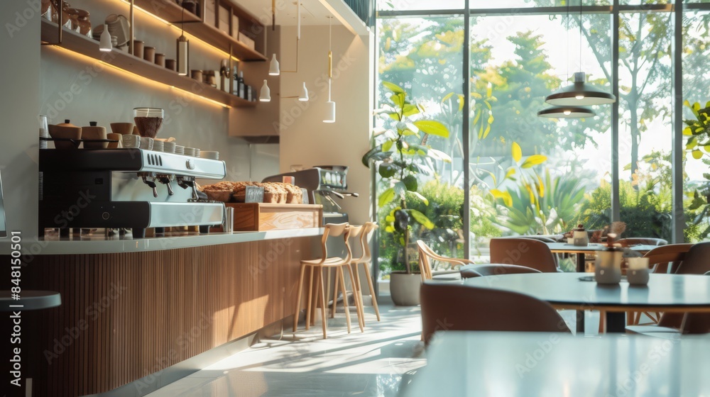A modern cafe with sleek design and large windows that let in plenty of ...