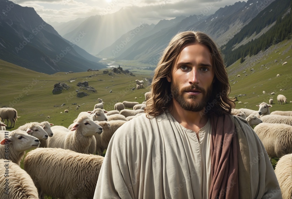 Jesus Christ The Shepherd in the middle of nature looking for the lost ...