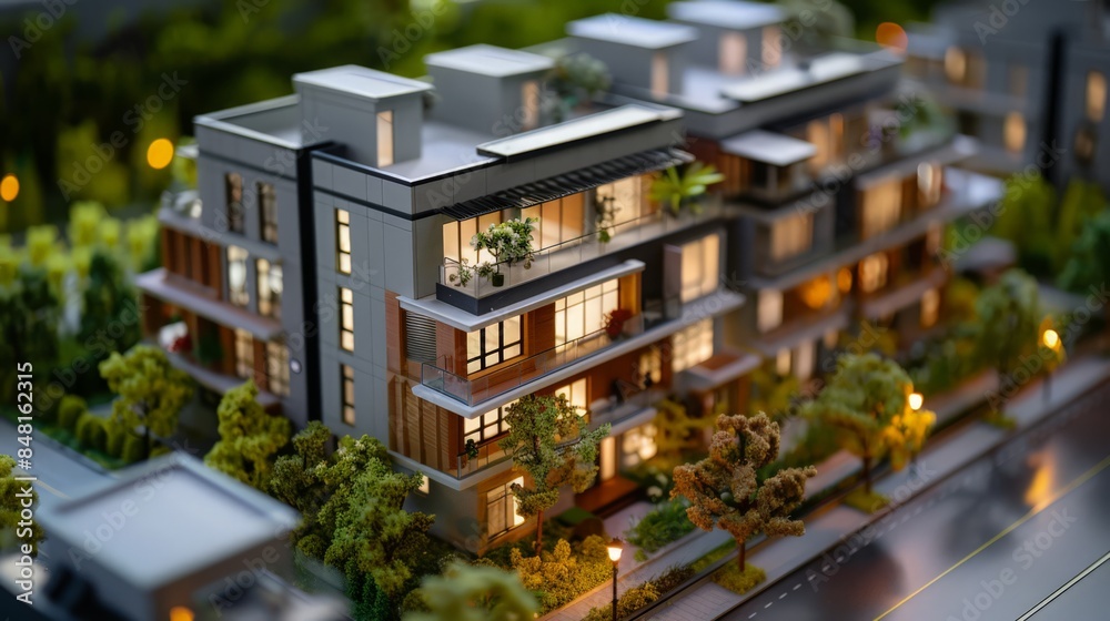 An urban townhouse model, highlighting a multi-story design with a ...