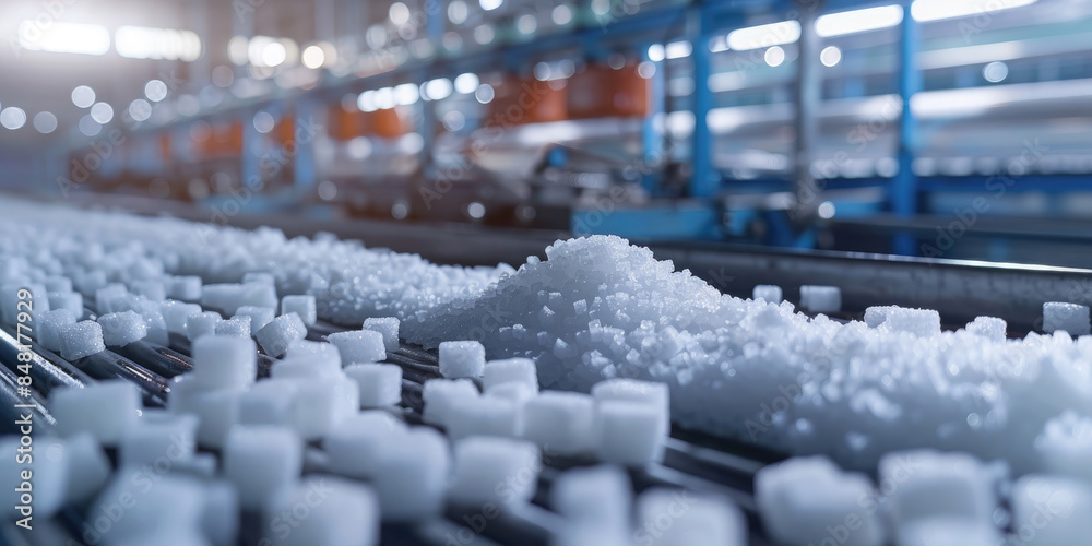 Packaged sugar packages moving along a conveyor belt, on the production ...