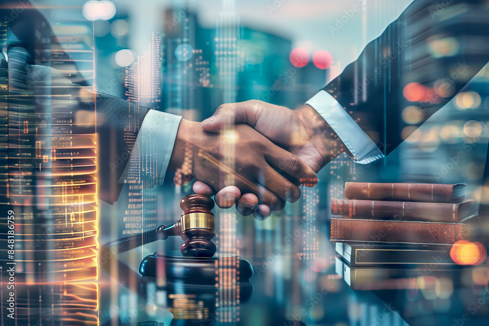 Foto de Stock double exposure of handshake in front of a judge gavel ...