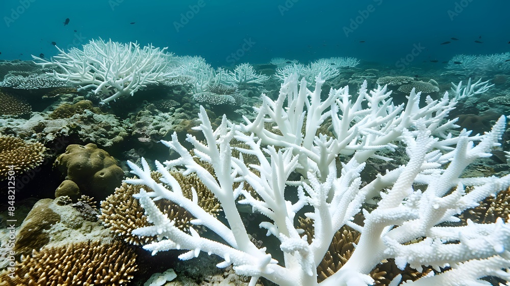 Coral bleaching in a reef, showing the devastating effects of global warming on marine ...