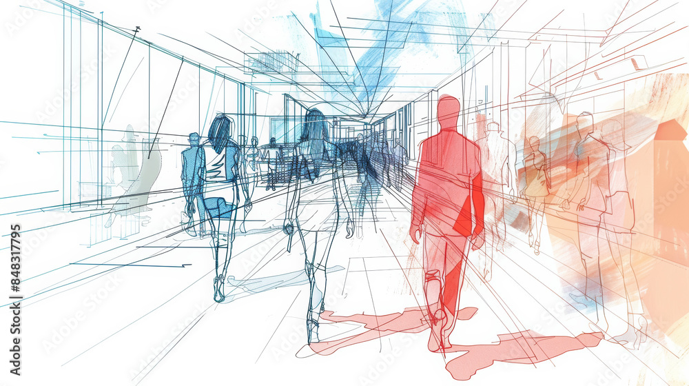 Architecture Technical drawings, colored hand drawn human figures, man ...