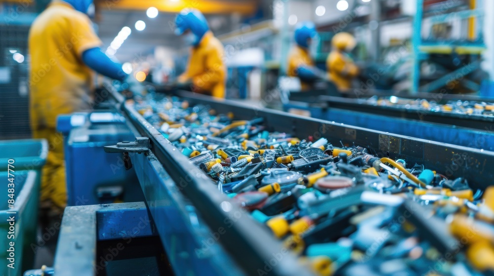 Recycling Plant Workers Sorting Materials on Conveyor Belt. Workers in protective clothing ...