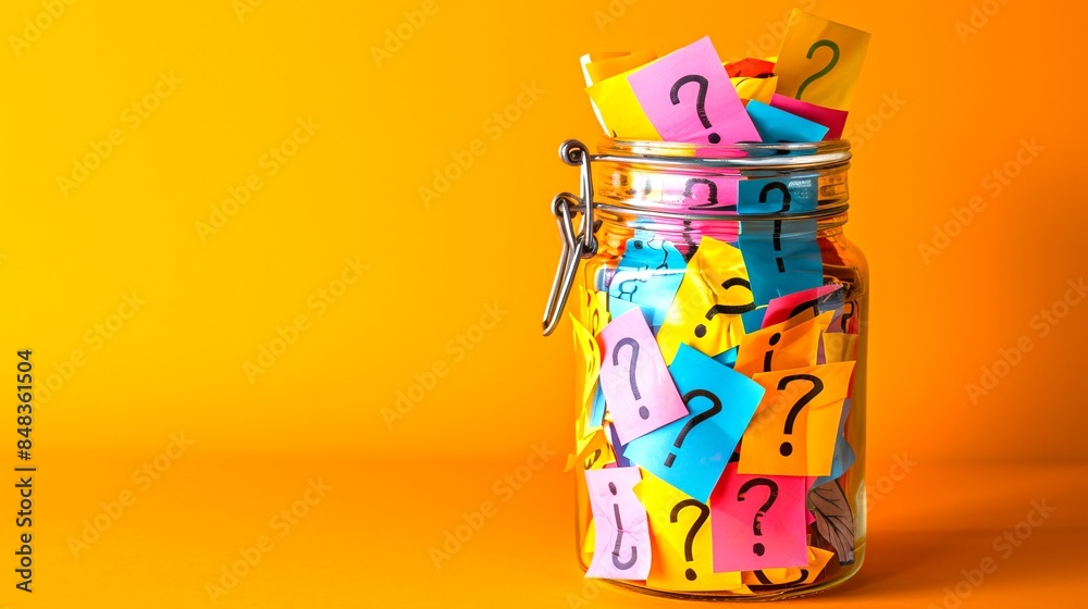 Colorful sticky notes with question marks in a glass jar on a vibrant ...