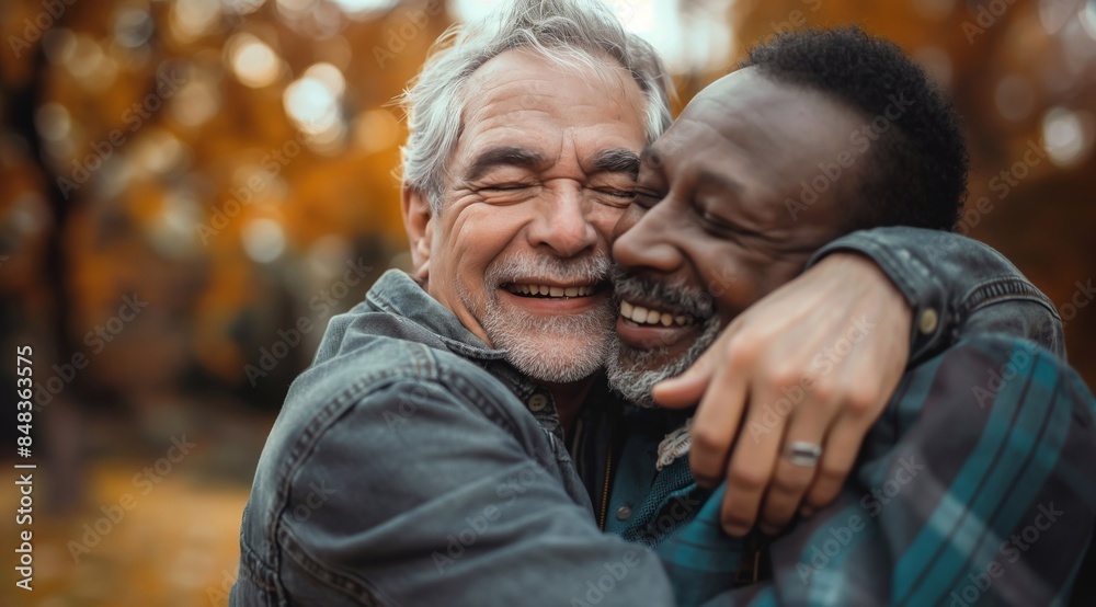 Two middle-aged men hugging. Interracial gay couple in love. Candid ...