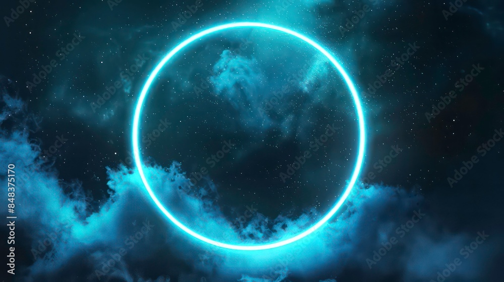 Modern illustration of neon blue circle in sparkling cloud of smoke ...