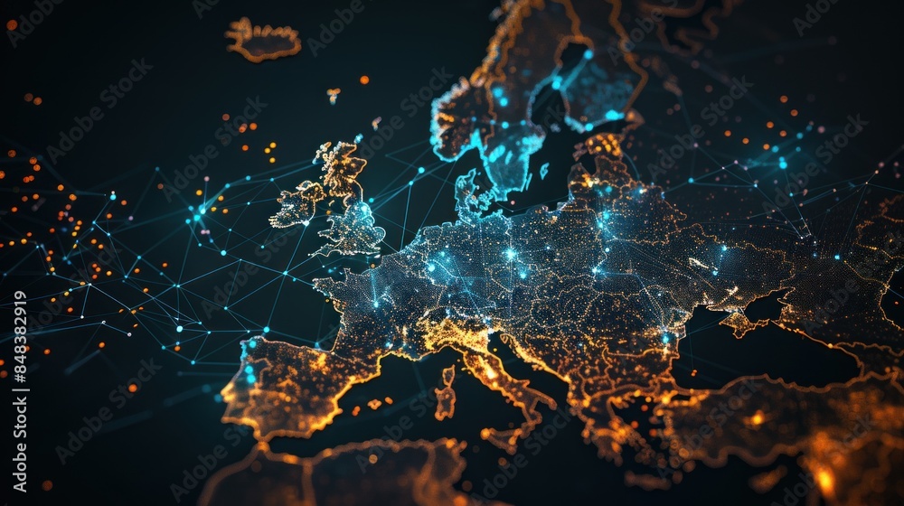 Western Europe map illustration with abstract digital background ...