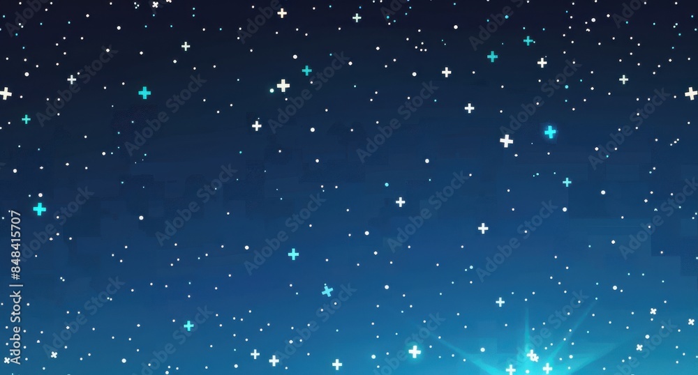 Blue starry sky background with pixel art stars and squares Simple ...