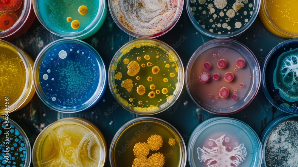 Petri dish filled with vibrant bacterial colonies, each displaying ...