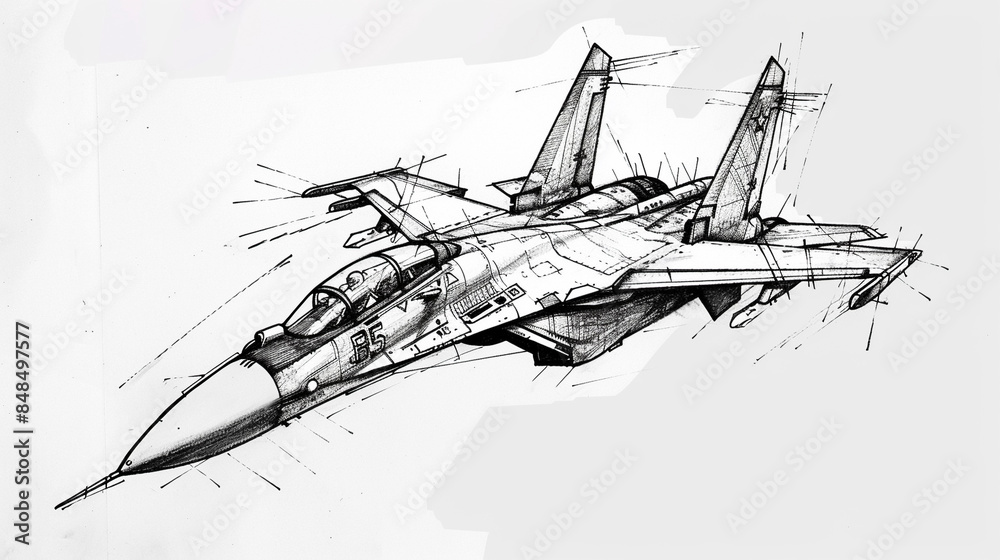 Realistic Pencil Sketch of a Fighter Jet with Black Lines on white ...