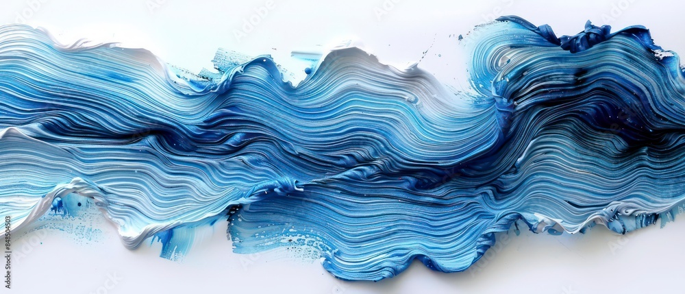blue wavy ribbon made of paint, gracefully flowing across a crisp white ...