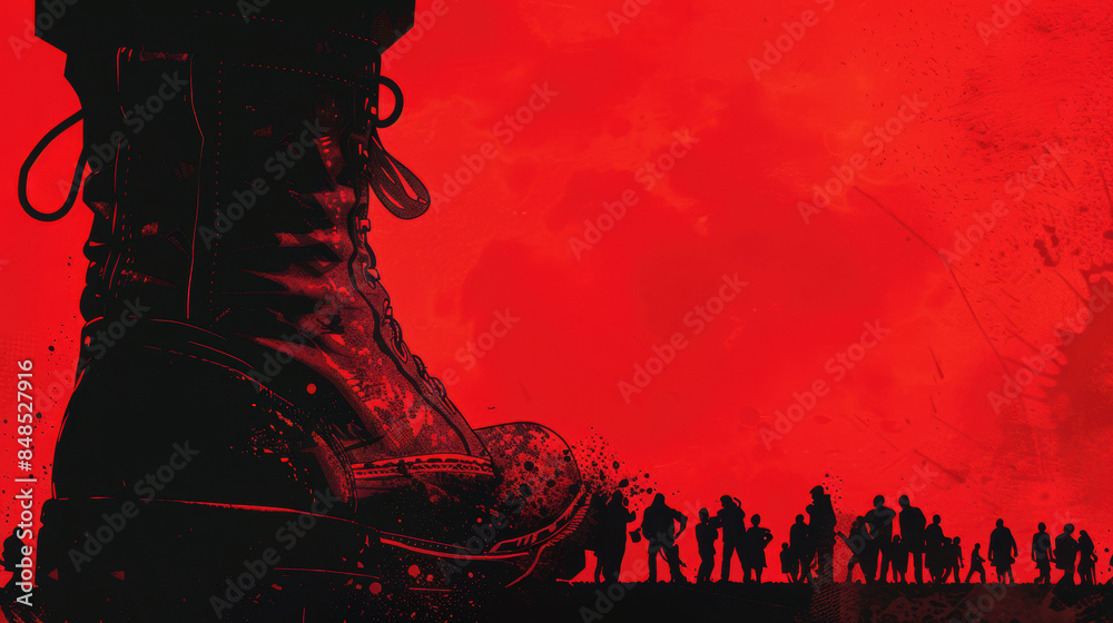 Dominance and Oppression: giant boot crushing silhouetted crowd against ...