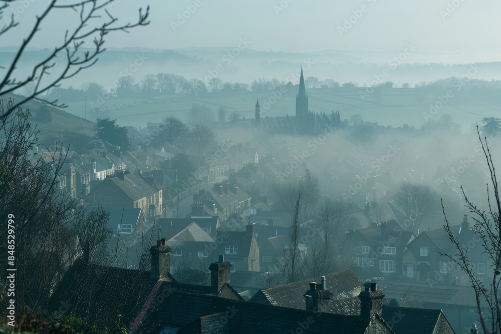 Church spire and town from atop a hill overlooking an English terrace ...
