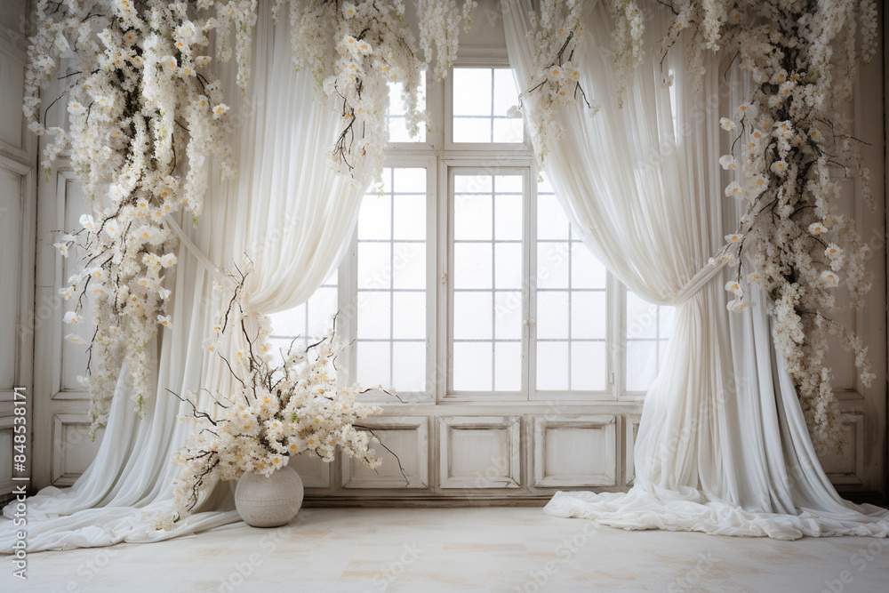 White Floral Curtain Backdrops, Digital Backdrop, Portrait photo ...