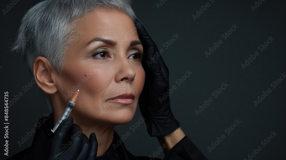 Beautiful mature woman receiving botox injection in her face at beauty ...