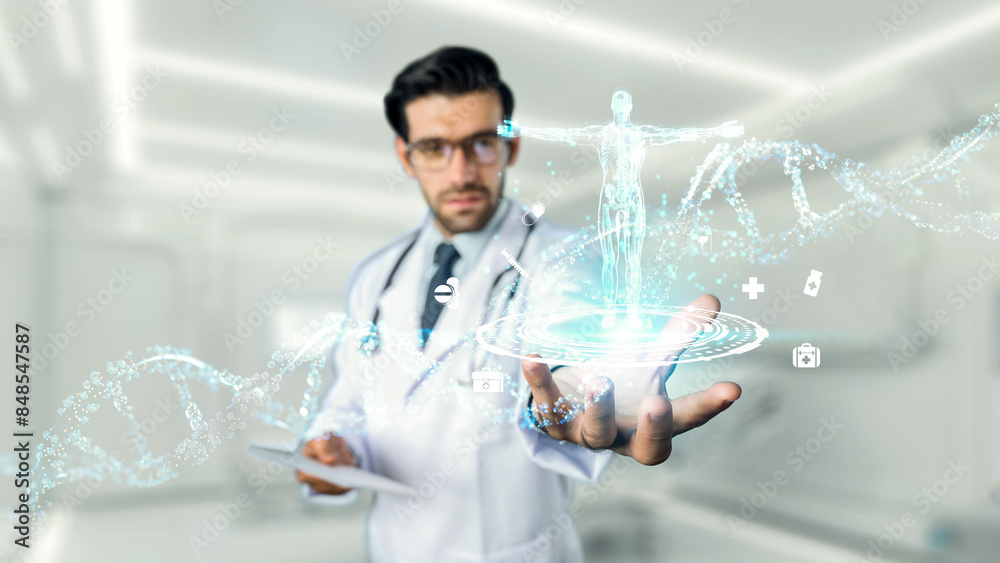 Professional doctor wearing lab coat and stethoscope while looking at ...