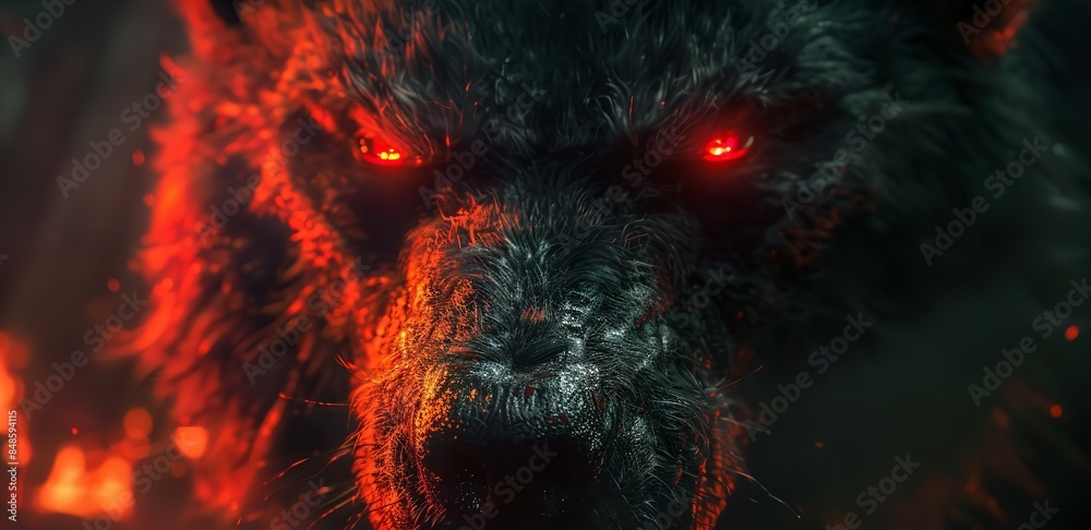 A menacing, black wolf with glowing red eyes stares intensely at the ...
