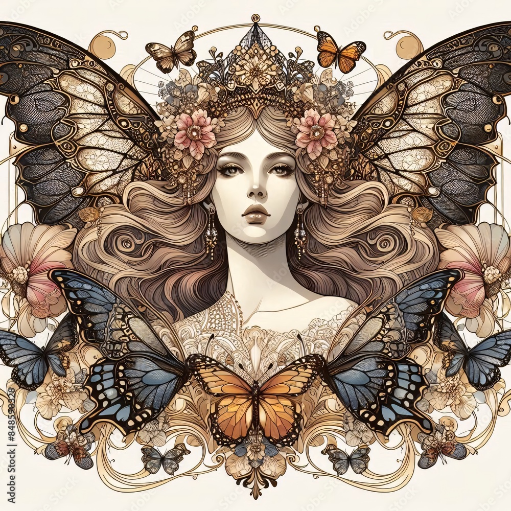 Art Nouveau portrait of a regal butterfly queen, with wings made of ...