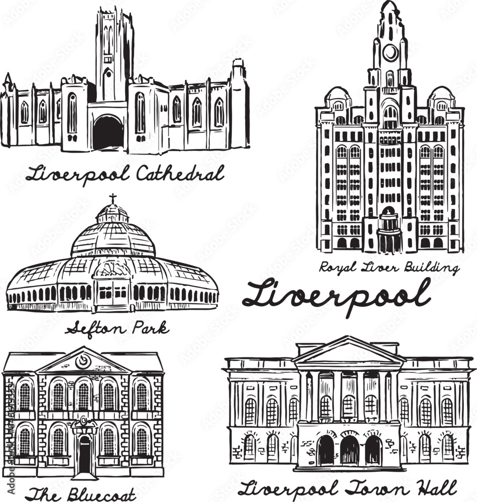 Liverpool tourist attractions vector drawings. Cathedral, Sefton Park ...