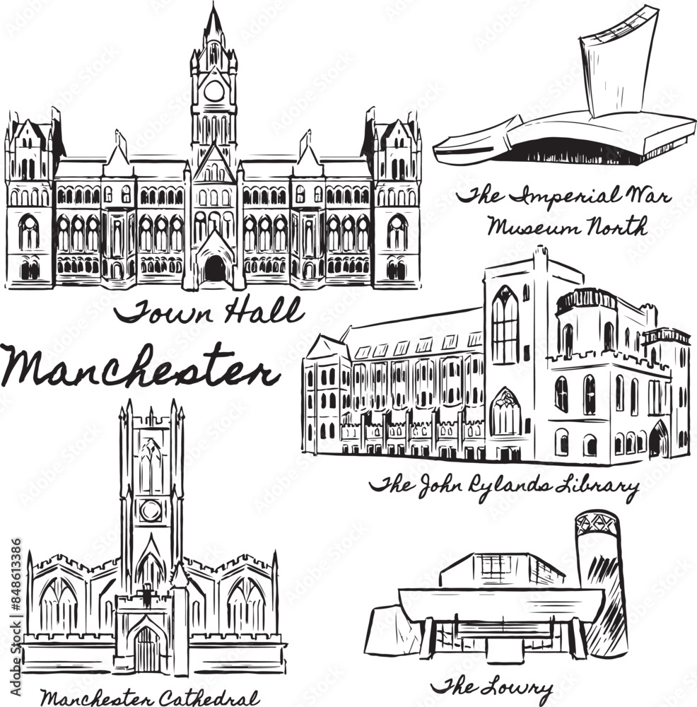Manchester landmarks ink illustrations. Famous tourist attractions ...